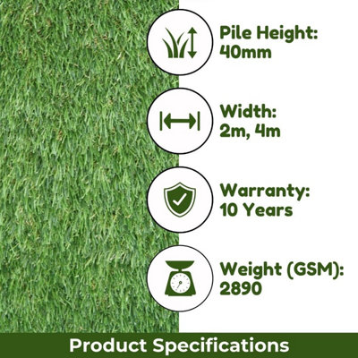 Luxury Green 40mm Super Soft Outdoor Artificial Grass, Perfect Grass For Kids & Pets-18m(59') X ...