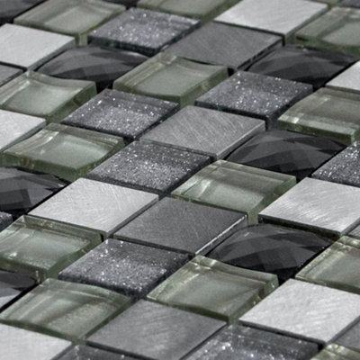 Luxury Grey, Silver & Ivory Glass & Brushed Steel Mosaic Wall Tiles ...