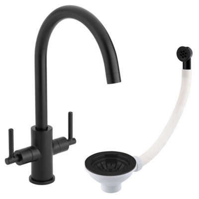 Luxury Matt Black Dual Lever Kitchen Sink Mixer Tap with Matching ...