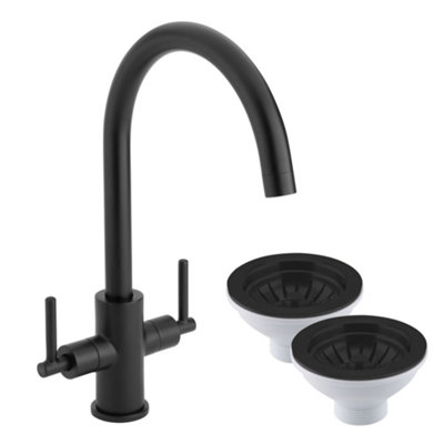 Luxury Matt Black Dual Lever Kitchen Sink Mixer Tap with Two Matching ...