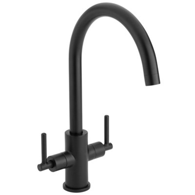 Luxury Matt Black Kitchen Sink Mixer Tap with Dual Lever & Swan Neck ...