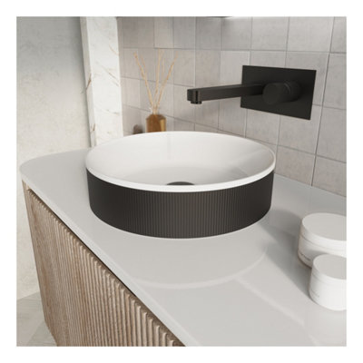 Luxury Matte Black Fluted Countertop Bathroom Basin & Wall-Mounted Mono ...