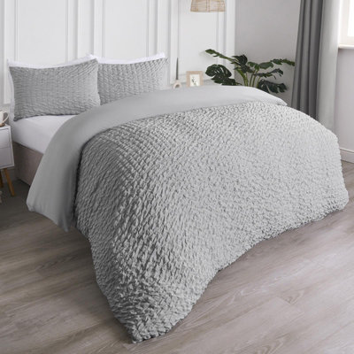Luxury Seersucker Duvet Cover Set Geo Pillowcase Quilt, Grey - Superking
