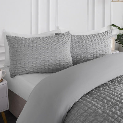 Luxury Seersucker Duvet Cover Set Geo Pillowcase Quilt, Grey - Superking