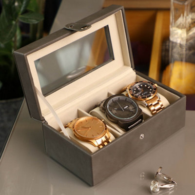 Luxury Slate Grey 3 Section Watch Storage Box, Unisex Watch Gift Box ...