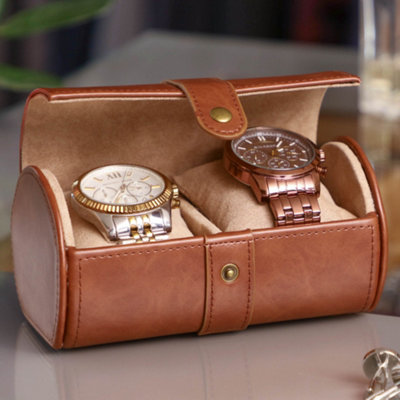 Luxury Tan Rounded 2 Section Watch Storage Box, Unisex Watch Gift Box ...
