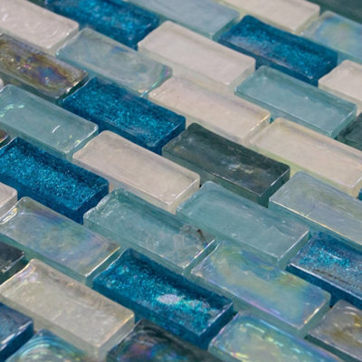 Luxury Textured Aqua, Blue & Pearl Iridescent Glass Mosaic Wall Tiles ...