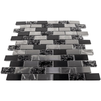 Luxury Textured Black Glass & Brushed Steel Mix Mosaic Wall Tiles Sheet 8mm