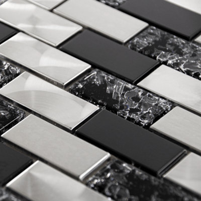 Luxury Textured Black Glass & Brushed Steel Mix Mosaic Wall Tiles Sheet 8mm
