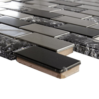 Luxury Textured Black Glass & Brushed Steel Mix Mosaic Wall Tiles Sheet 8mm