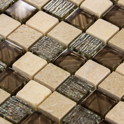 Luxury Textured Brown Iridescent Glass & Ivory Stone Mosaic Wall Tiles ...