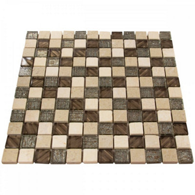 Luxury Textured Brown Iridescent Glass & Ivory Stone Mosaic Wall Tiles ...