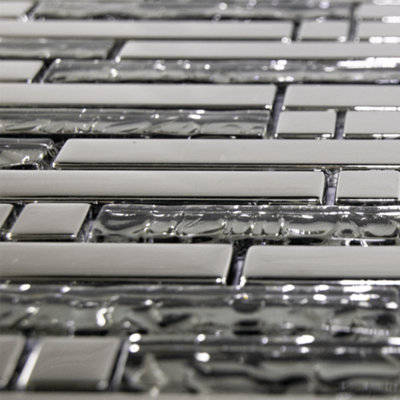 LUXURY TEXTURED GLASS & CHROME MIX MOSAIC WALL TILES SHEET 8MM