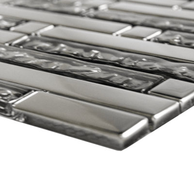 LUXURY TEXTURED GLASS & CHROME MIX MOSAIC WALL TILES SHEET 8MM