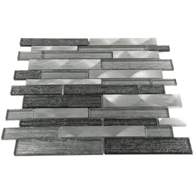 Luxury Textured Grey Glass & Brushed Steel Mix Mosaic Wall Tiles Sheet 8mm