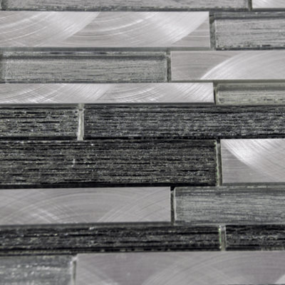 Luxury Textured Grey Glass & Brushed Steel Mix Mosaic Wall Tiles Sheet 8mm