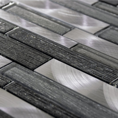 Luxury Textured Grey Glass & Brushed Steel Mix Mosaic Wall Tiles Sheet 8mm