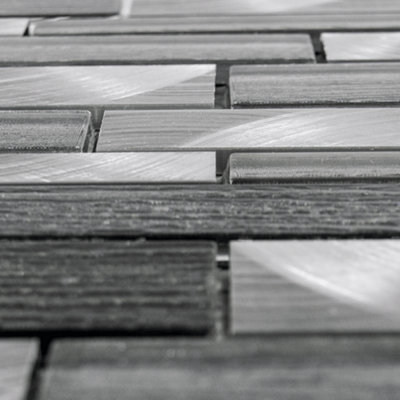 Luxury Textured Grey Glass & Brushed Steel Mix Mosaic Wall Tiles Sheet 8mm