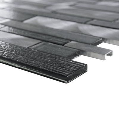 Luxury Textured Grey Glass & Brushed Steel Mix Mosaic Wall Tiles Sheet 8mm