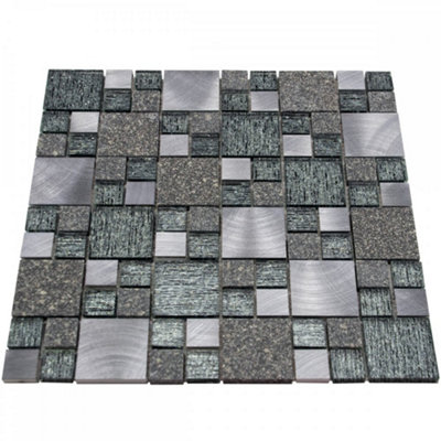 Luxury Textured Grey Glass & Brushed Steel Mosaic Tile Sheet 305x305mm, 8mm