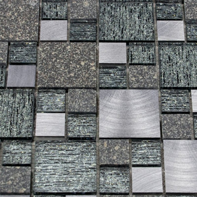 Luxury Textured Grey Glass & Brushed Steel Mosaic Tile Sheet 305x305mm, 8mm