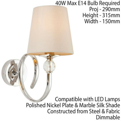 Luxury Traditional Curved Arm Wall Light Bright Nickel Crystal & Marble ...