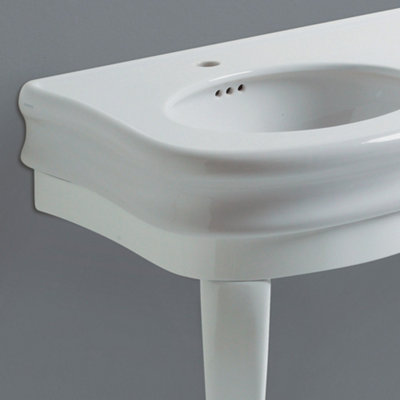 Lyana Traditional Double Console Basin with Wooden Leg Stand in Gloss White