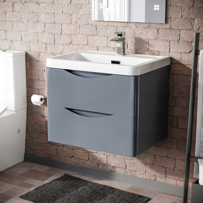 Lyndon 600mm Light Grey Gloss Bathroom Wall Hung Basin Vanity Unit ...