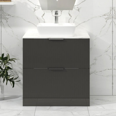 Lyon 800mm Gloss Anthracite Fluted Floor Standing Vanity Unit 2 Drawer ...