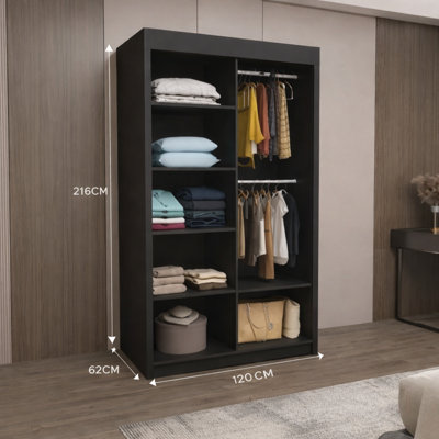 LYON Sliding Door Wardrobe with Mirror, Shelves, Rails and Drawers ...