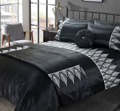 Mabel Black Duvet Cover Set with Silver Sequin Leaf Design Luxury ...