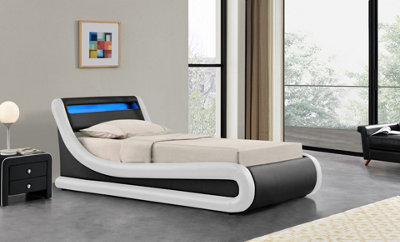 Madrid Black White Faux Leather Single 3FT Ottoman Storage Bed Frame Remote Controlled LED Colour Changing Light