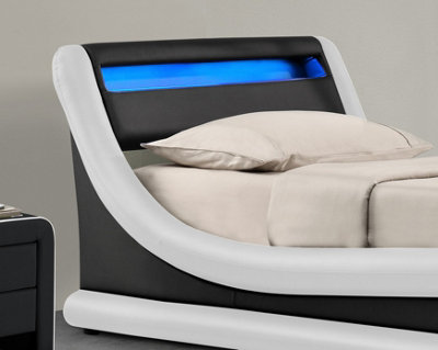 Madrid Black White Faux Leather Single 3FT Ottoman Storage Bed Frame Remote Controlled LED