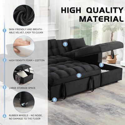 Madrid Corner L Shape 3 Seater Sofa Bed With Reversible Chaise - Black