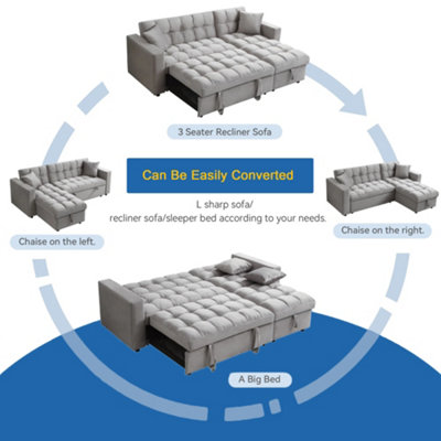 Madrid Corner L Shape 3 Seater Sofa Bed With Reversible Chaise - Grey