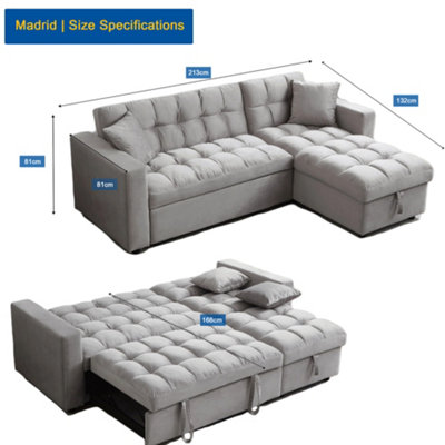 Madrid Corner L Shape 3 Seater Sofa Bed With Reversible Chaise - Grey