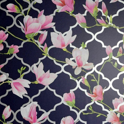 Magnolia Trellis Navy Blue Pink Floral Metallic Silver Arthouse ...
