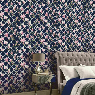 Magnolia Trellis Navy Blue Pink Floral Metallic Silver Arthouse ...
