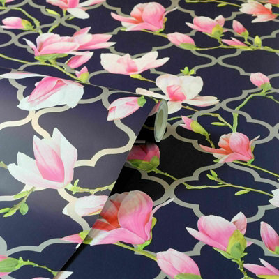 Magnolia Trellis Navy Blue Pink Floral Metallic Silver Arthouse ...