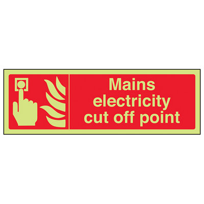 Mains Electricity Cut Off Point Sign - Glow in the Dark 300x100mm (x3)