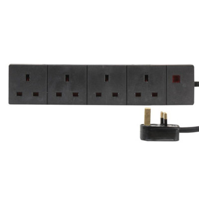 Mains Extension Lead with Neon Power Indicator Light, 4 Gang, 1m, Black ...
