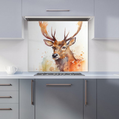 Majestic Stag Watercolour Premium Glass Kitchen Splashback W700mm x H750mm