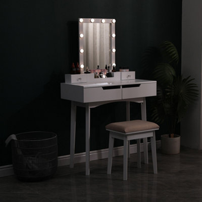 Makeup Desk Set with 4 Drawers LED Light Mirror and Upholstered Stool