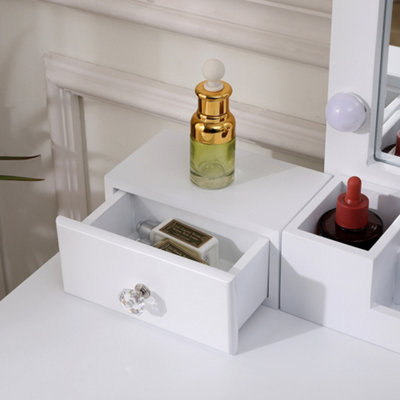 Makeup Desk Set with 4 Drawers LED Light Mirror and Upholstered Stool