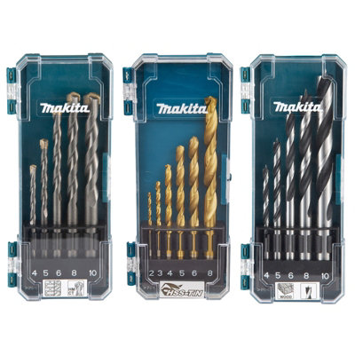 Makita 16 Piece Mixed HSS Metal Brad Point Wood TCT Masonry Mix Drill ...