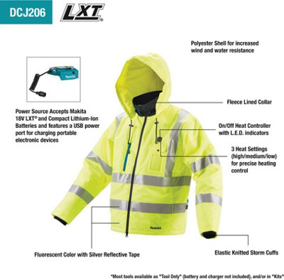 Makita DCJ206Z Hi Viz LXT 14.4v / 18v Cordless Heated Jacket - 2XExtra ...