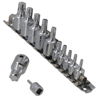 Male Torx Star Sockets 1/4" And 3/8" Drive T10 - T60 12pc Set On A Rail