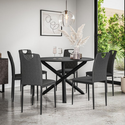 Malvern Round Dining Table And Chairs - Black Table Top w Solid Oak Black Legs + Monza Fabric ...