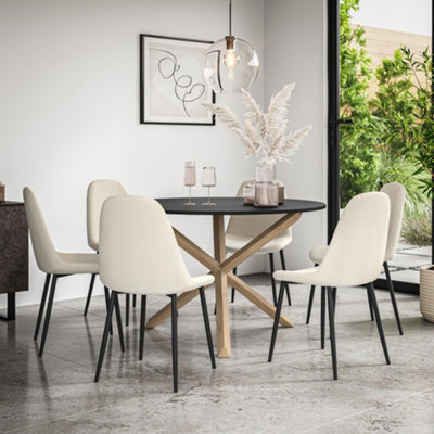 Malvern Round Dining Table And Chairs - Black Table Top w Solid Oak Legs + Maya Boucle Dining ...