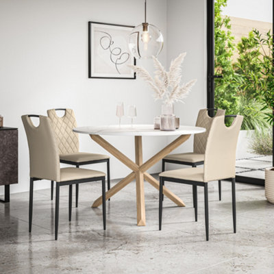 Malvern Round Dining Table And Chairs - Marble Table Top w Solid Oak Legs + Monza Faux Leather ...